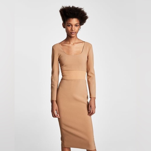Zara | Dresses | Zara Square Neck Ribbed Knit Waist Detail Bodycon Midi ...